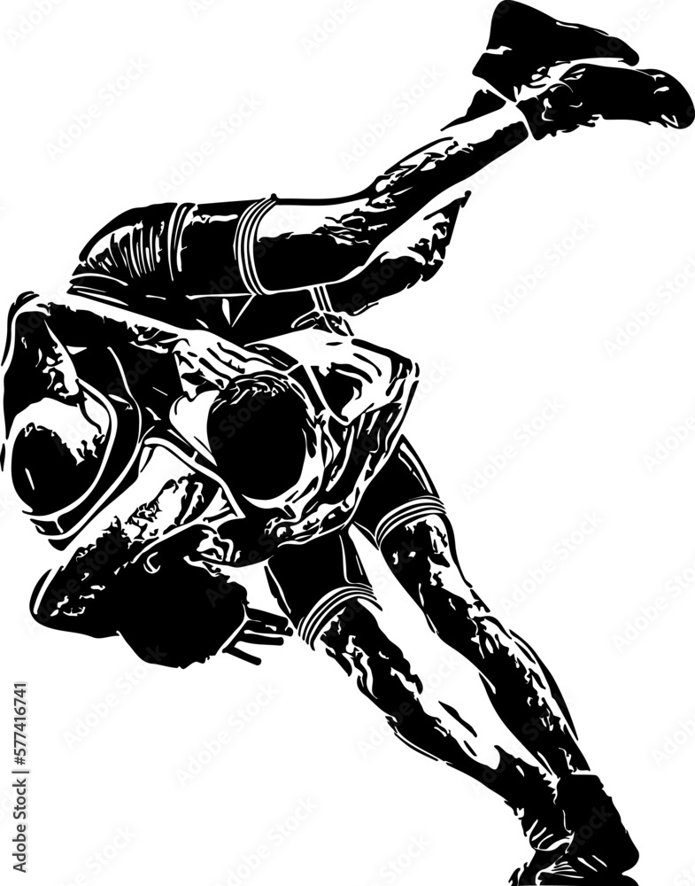 Silhouette of wrestlers doing fight, sketch drawing black and white ...