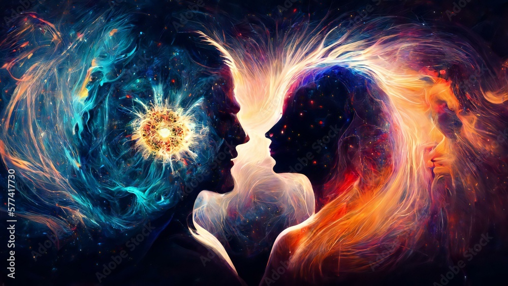 Man and woman silhouettes with Nebula background. Human souls in love ...