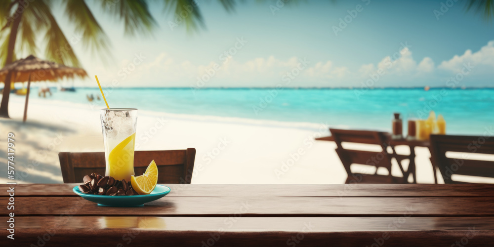 Plateau de table en bois, bar de plage avec fond flou de plage ...