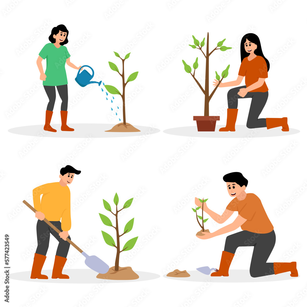 Characters planting seedlings and growing trees into soil working in ...