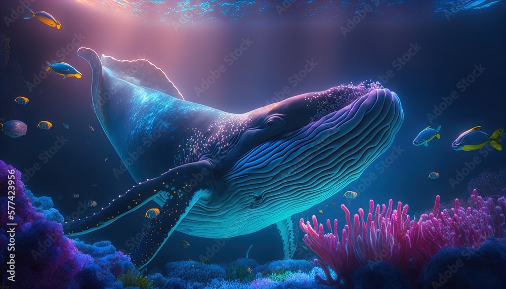 ภาพประกอบสต็อก whale in colorful underwater world created with generative ai technology ภาพ ...