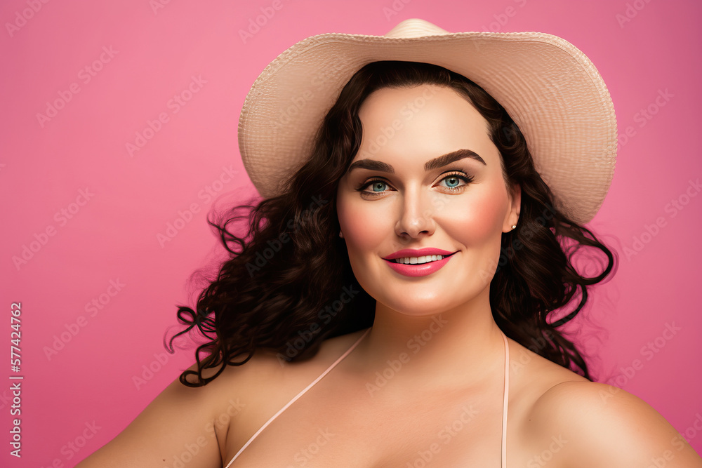 Portrait of curvy model with summer outfit over black background ...