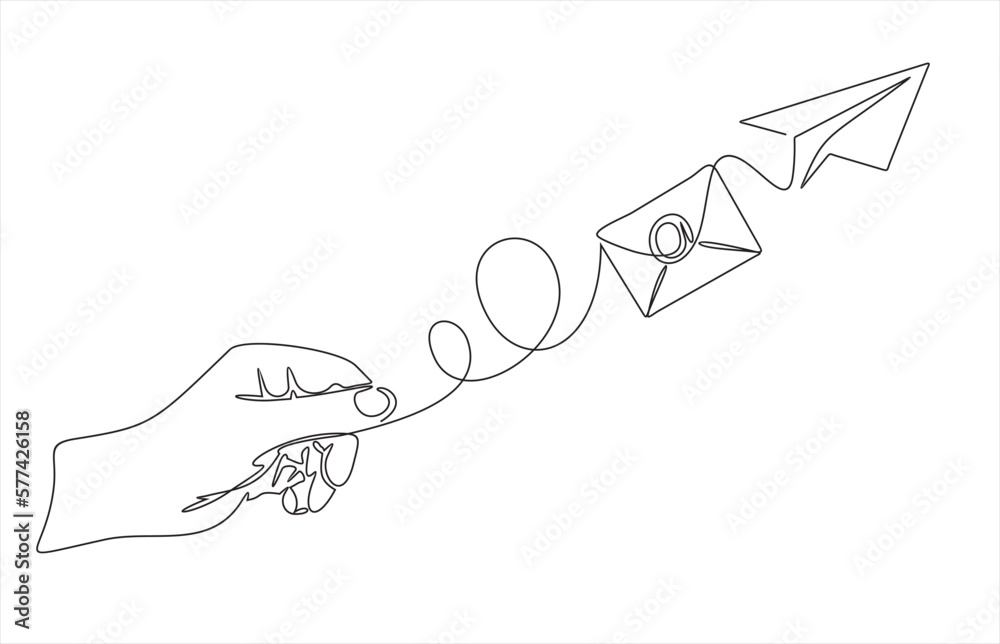 continuous one line drawing of hand launches E-mail message, post ...