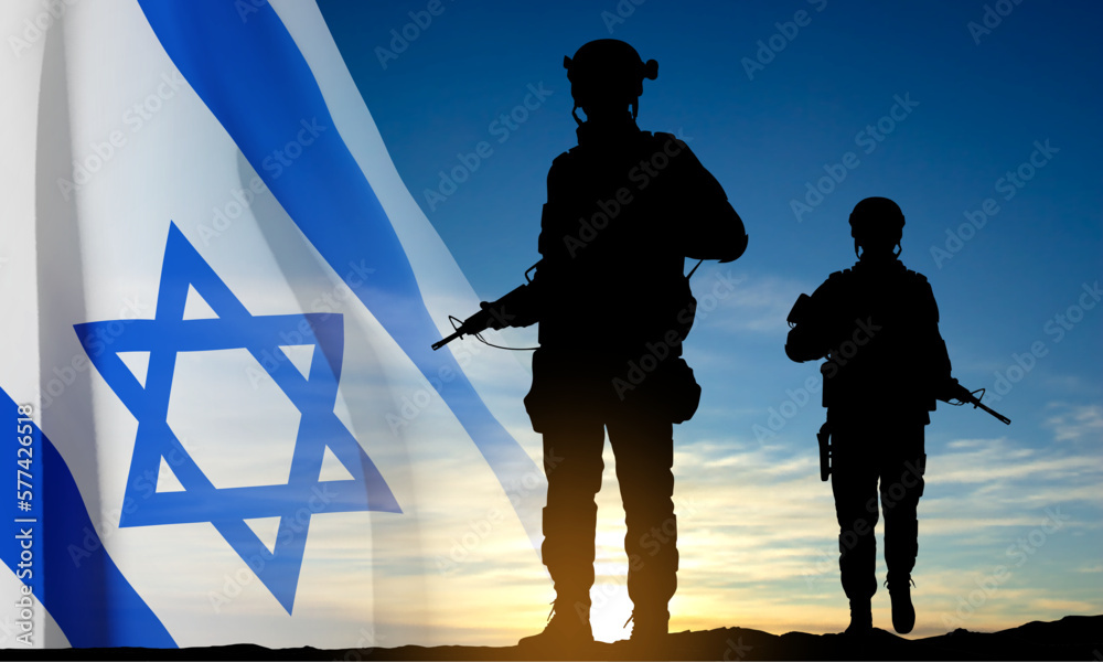 Silhouettes of soldiers with Israel flag against the sunrise. Concept ...