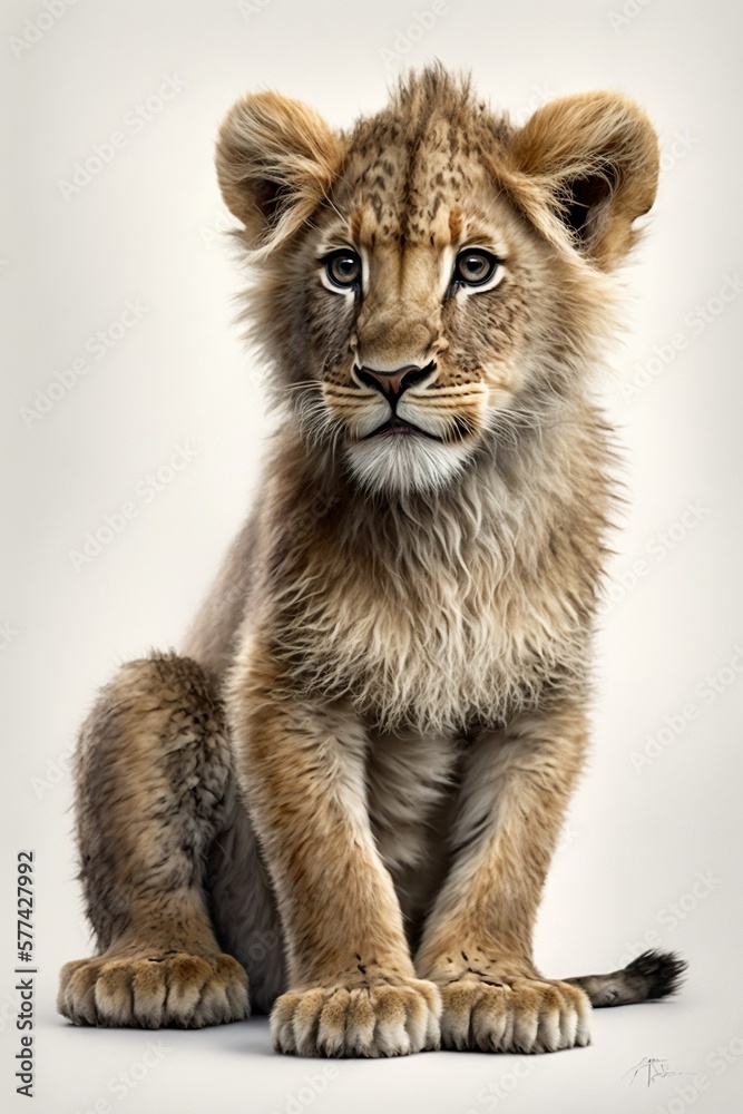 full body realistic lion cub on black and white background Generative ...