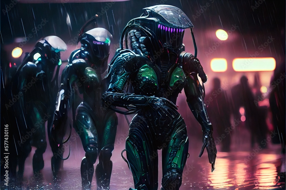 A portrait of aliens in cyberpunk science fiction. High-tech futuristic ...