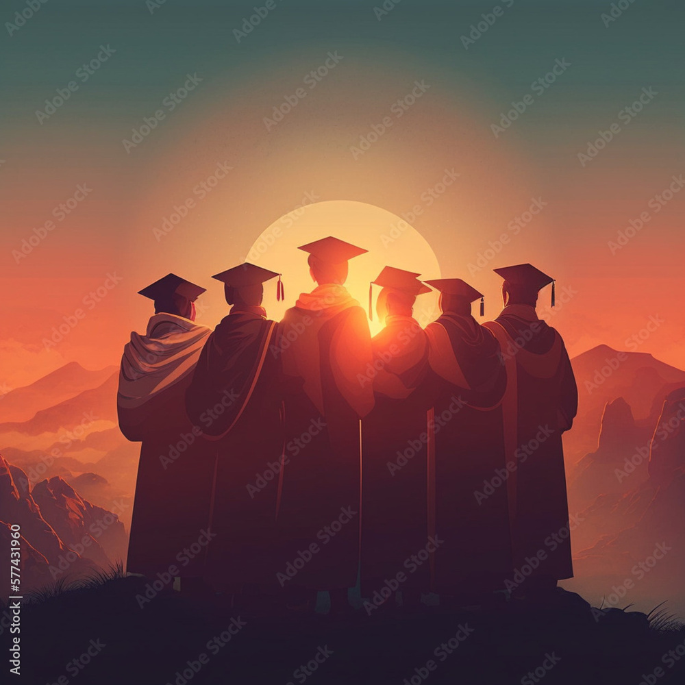 Back view of a group of students at graduation with graduation caps ...