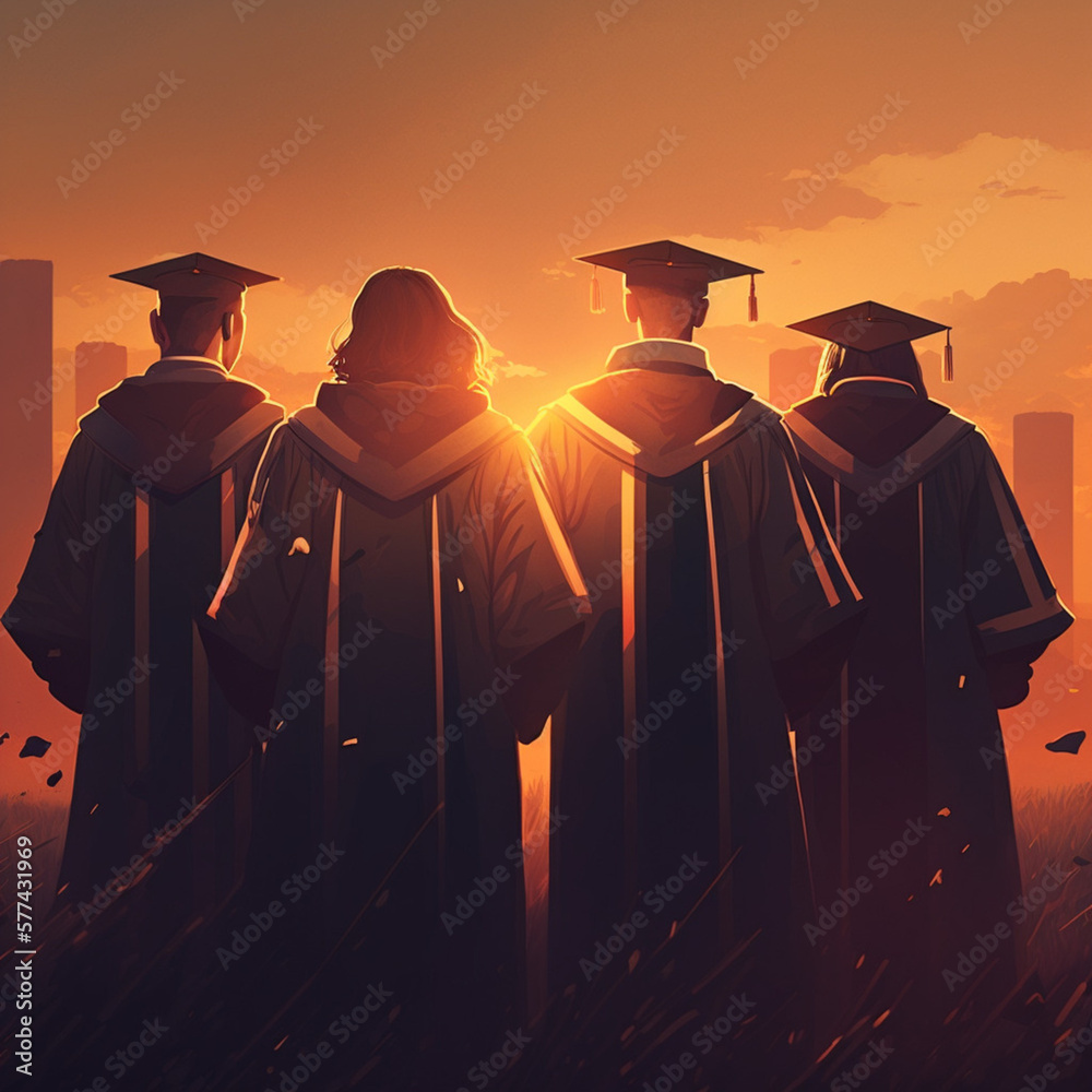 Back view of a group of students at graduation with graduation caps ...