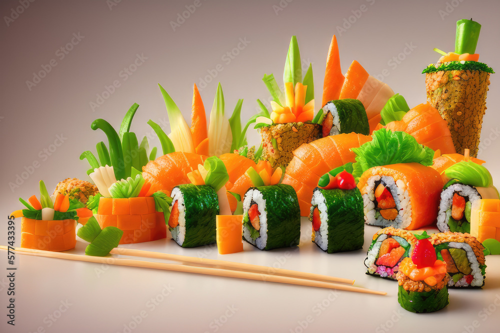 Generative ai fresh beautiful sushi setup with salmon maki and ...