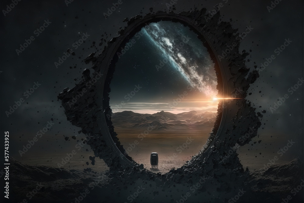 Spaceman travel through the space with mysterious sci-fi fantasy portal ...