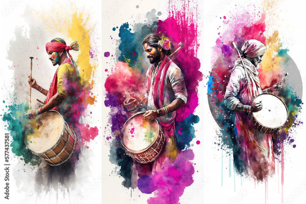Banner celebration of Holi festival of colors with three Indian ...