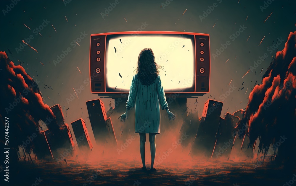 young woman standing among evil hands that comes out of the giant ...