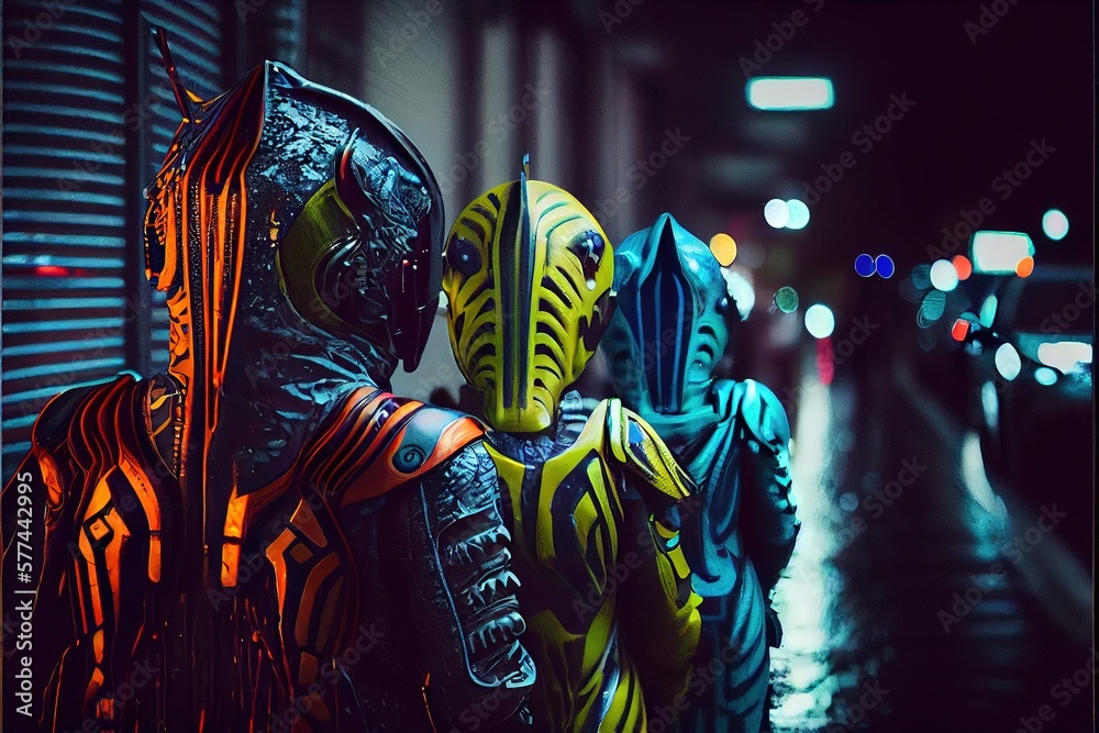 A portrait of aliens in cyberpunk science fiction. High-tech futuristic ...