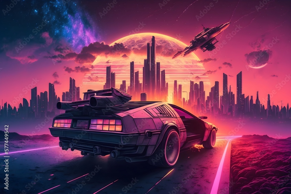 DeLorean driving to a cyberpunk city | Synthwave car Ai Generated wallpaper/background | Stock ...