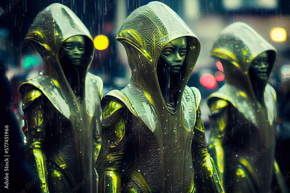 A portrait of aliens in cyberpunk science fiction. High-tech futuristic ...