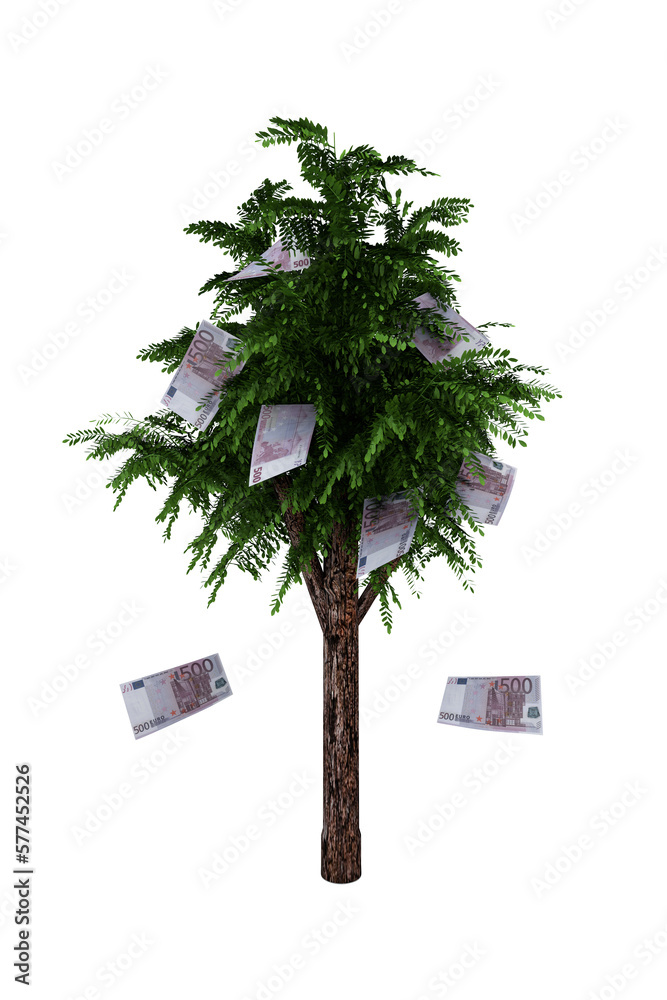Money tree. Conceptual idea about earning easy money. Banknote of 500 ...