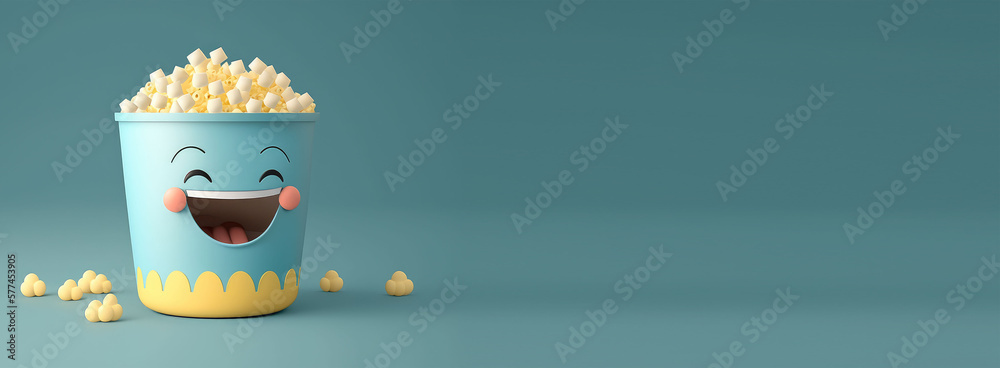 banner with empty space. Cute Cartoon playful little popcorn bucket ...
