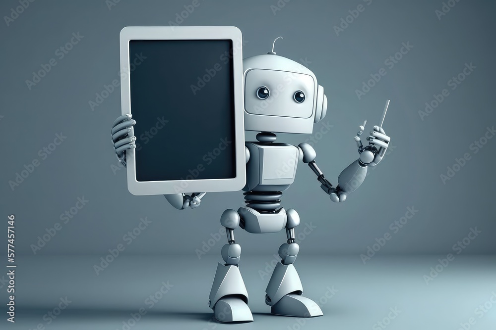 Cute Cartoon friendly employer robot with a mock-up tablet in its hand ...