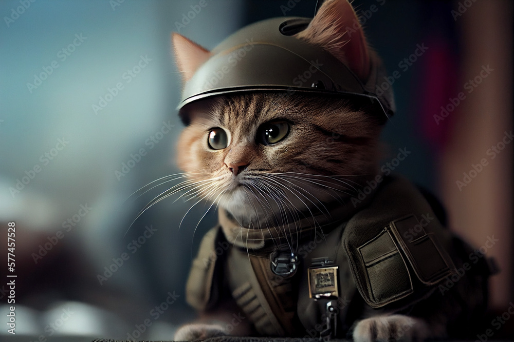 A small cat in a modern military suit. A cute military cat to protect ...