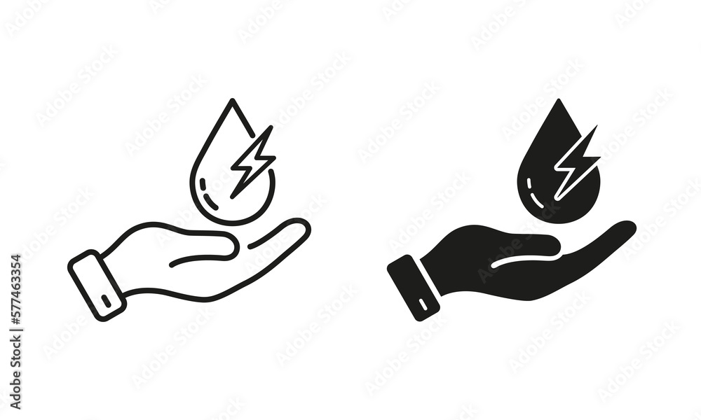 Hand Holds Water Drop, Renewable Hydropower Line and Silhouette Icon ...