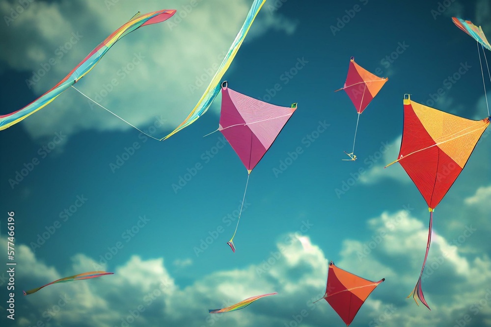 colorful flying kite flying in the sky with clouds. Generative AI Stock ...