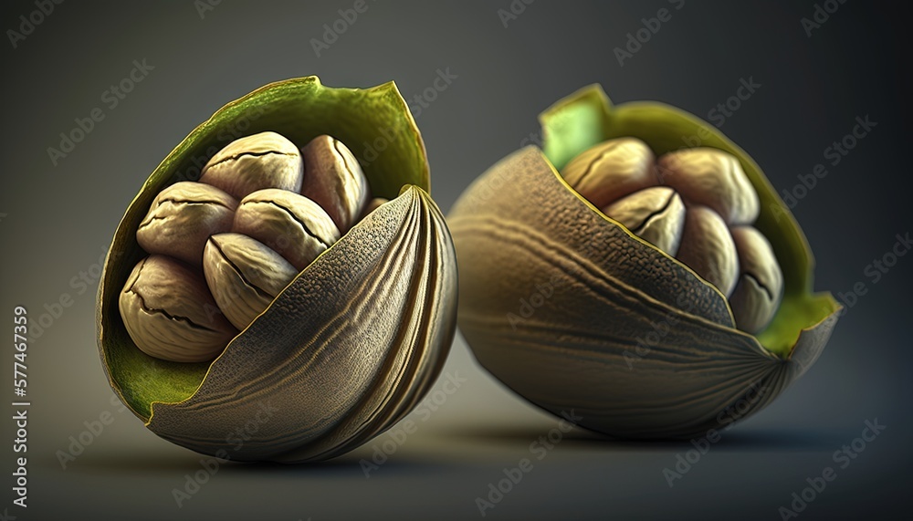 a couple of nuts are in a leaf shaped container on a table, with a dark ...
