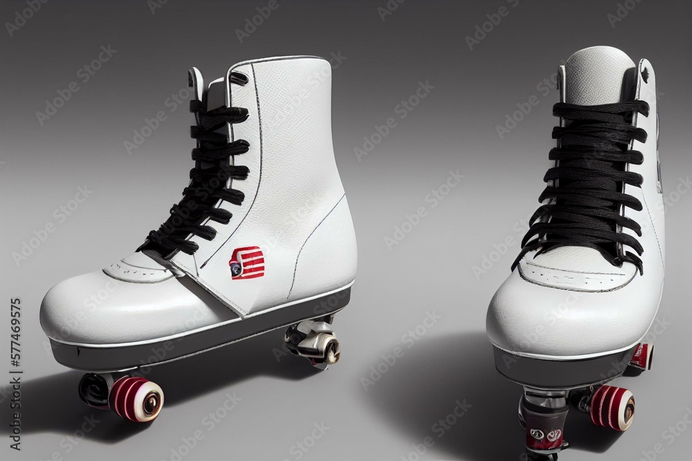 Mockup of white roller skates, front and back. empty, partially turned ...