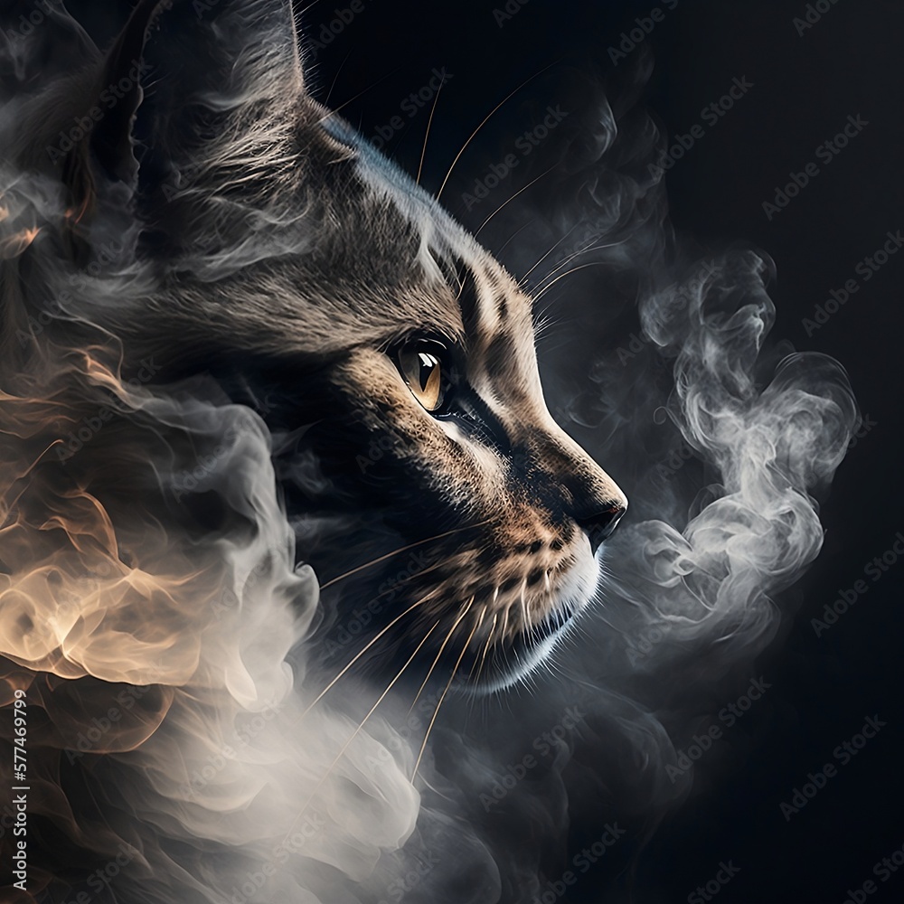 Cat in the smoke Cat in smoke on a dark background. Pet. Smoke and cat ...
