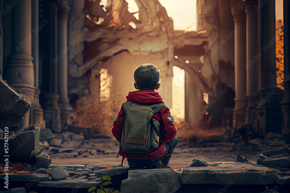 Rear View Of Little Kid Seeing Ruins From War Deep In Thought Modern ...