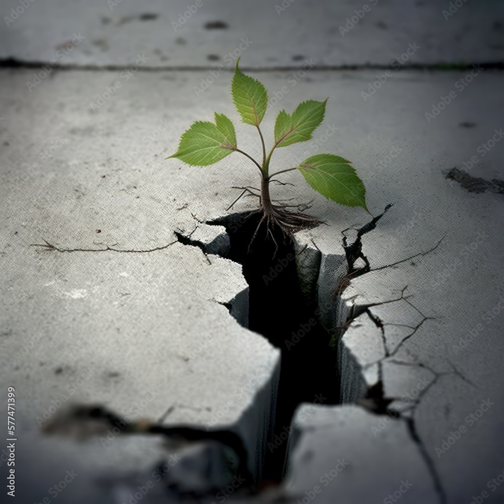 A small tree sapling growing out from a crack in concrete - a symbol of ...