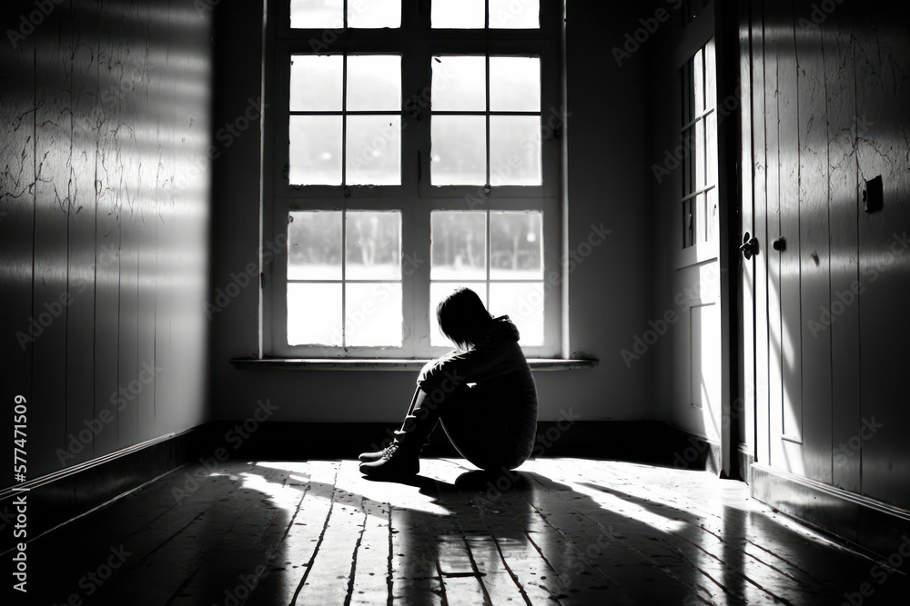 Black and white photo of a depressed person sitting in a dark hallway ...