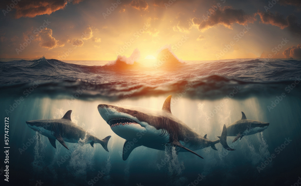 Ferocious group of great white sharks in underwater ocean sea, aquatic ...