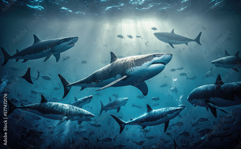 Ferocious group of great white sharks in underwater ocean sea, aquatic ...