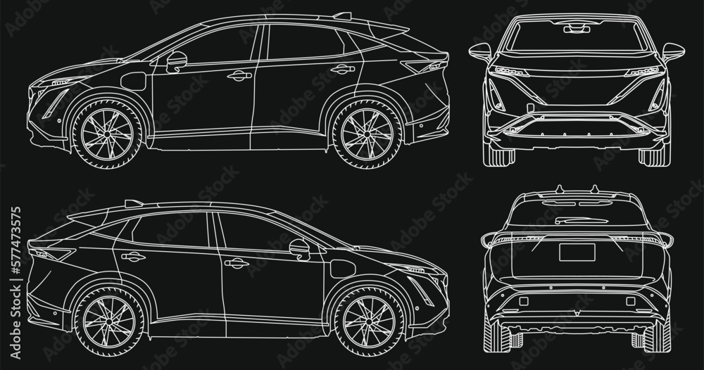 Black and white vector car drawing. EPS File. SUV, EV drawing. SUV Cars ...