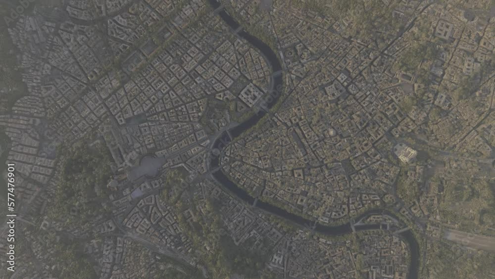 High altitude aerial top down view of Rome Italy showing Tiber river ...