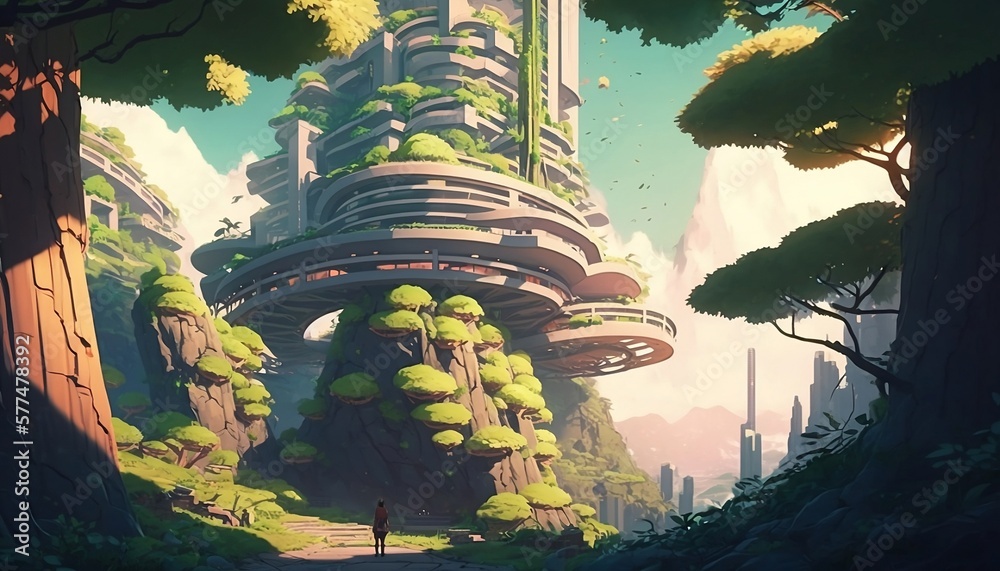 Anime world. A futuristic city of the future with lots of greenery in a ...