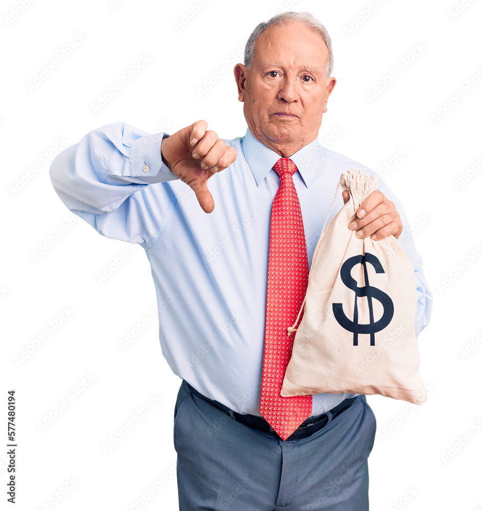 Senior handsome grey-haired man wearing elegant clothes holding money ...