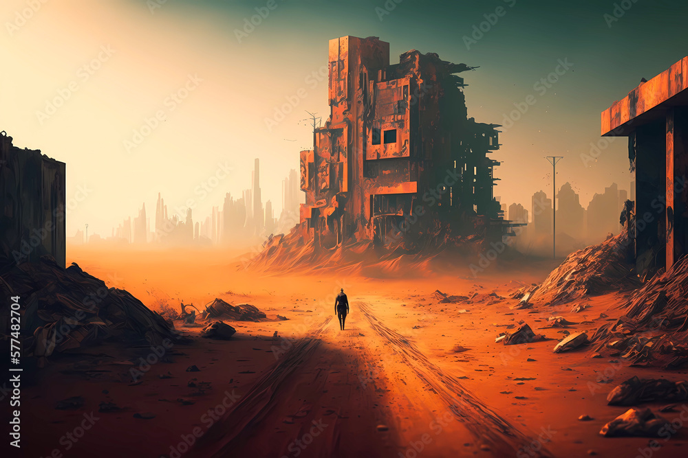 illustration of an abandoned futuristic city ruins landscape in the hot ...