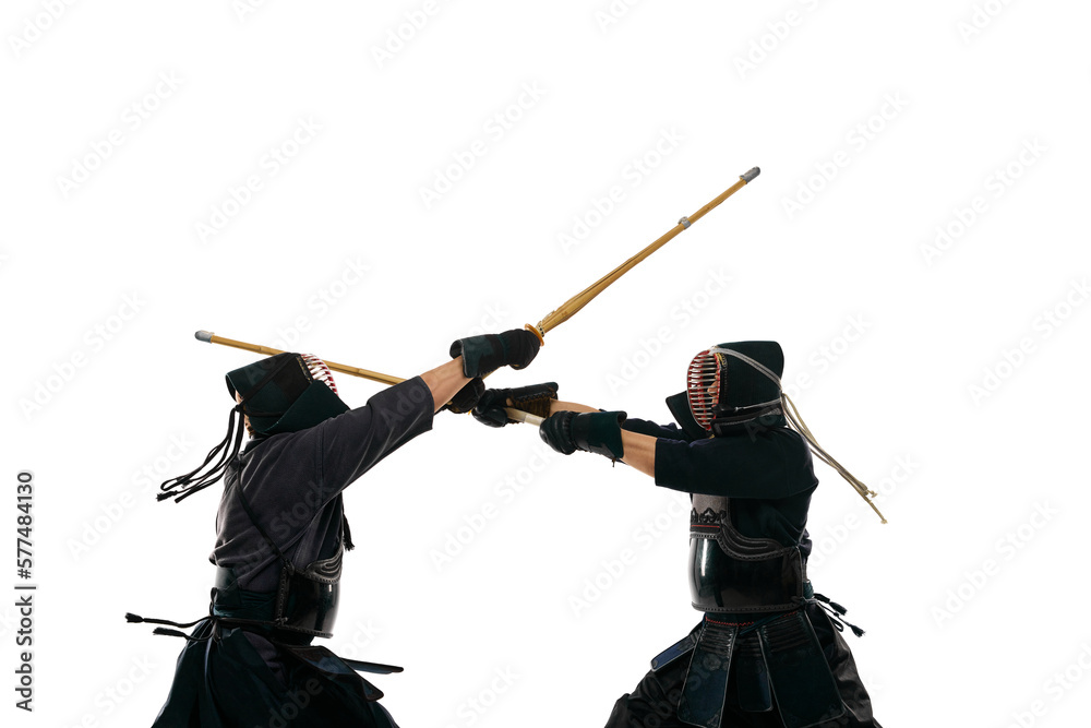 Crossing swords. Two men, professional kendo athletes in uniform ...