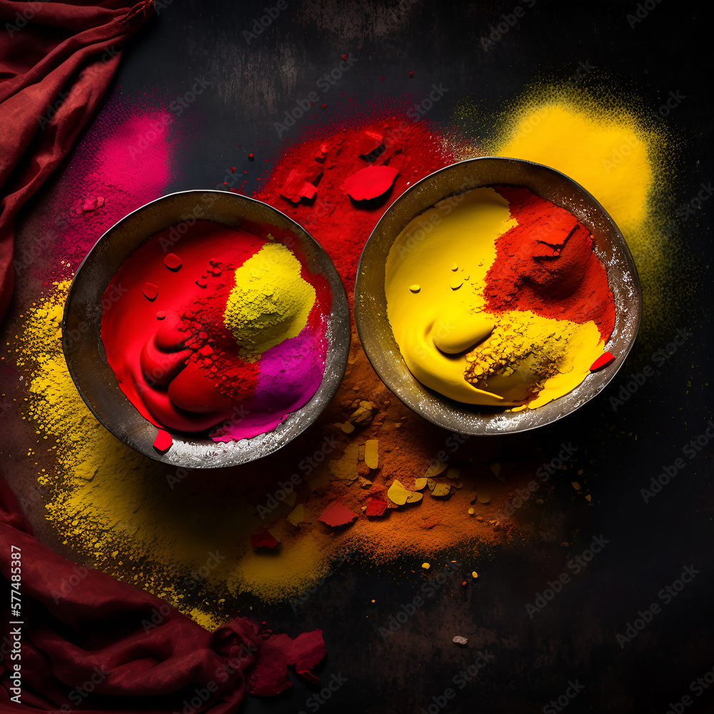Holi Colors in Bowls on a Table. Created with Generative AI technology ...