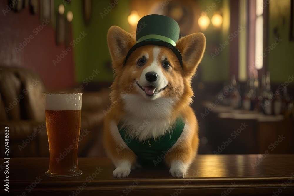 Pembroke Welsh Corgi dog in a green hat sits in an old bar on St ...