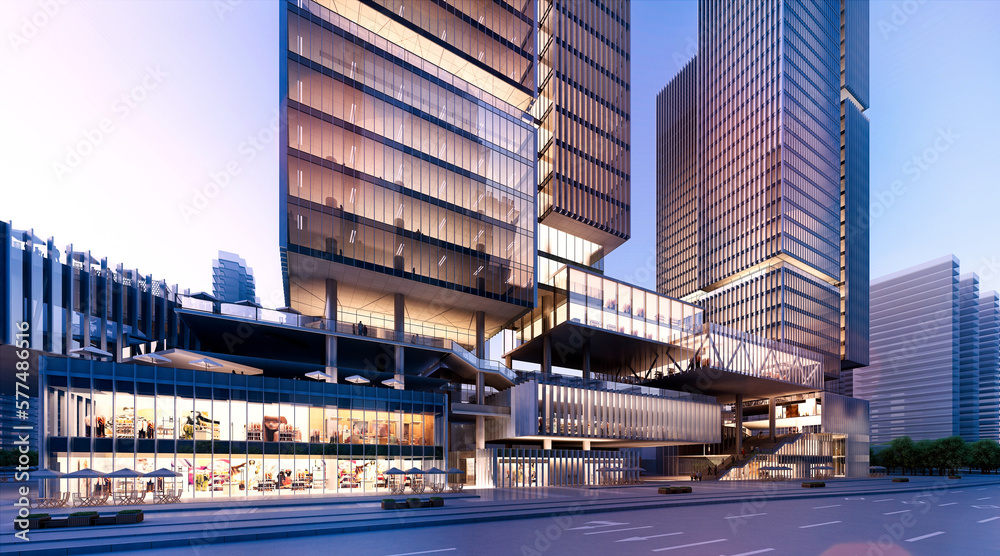 Commercial buildings view at night. 3d render Stock Illustration ...