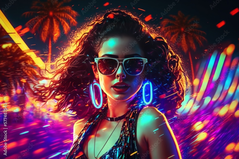 Attractive girl clubbing at the hot summer dance party. Neon light ...
