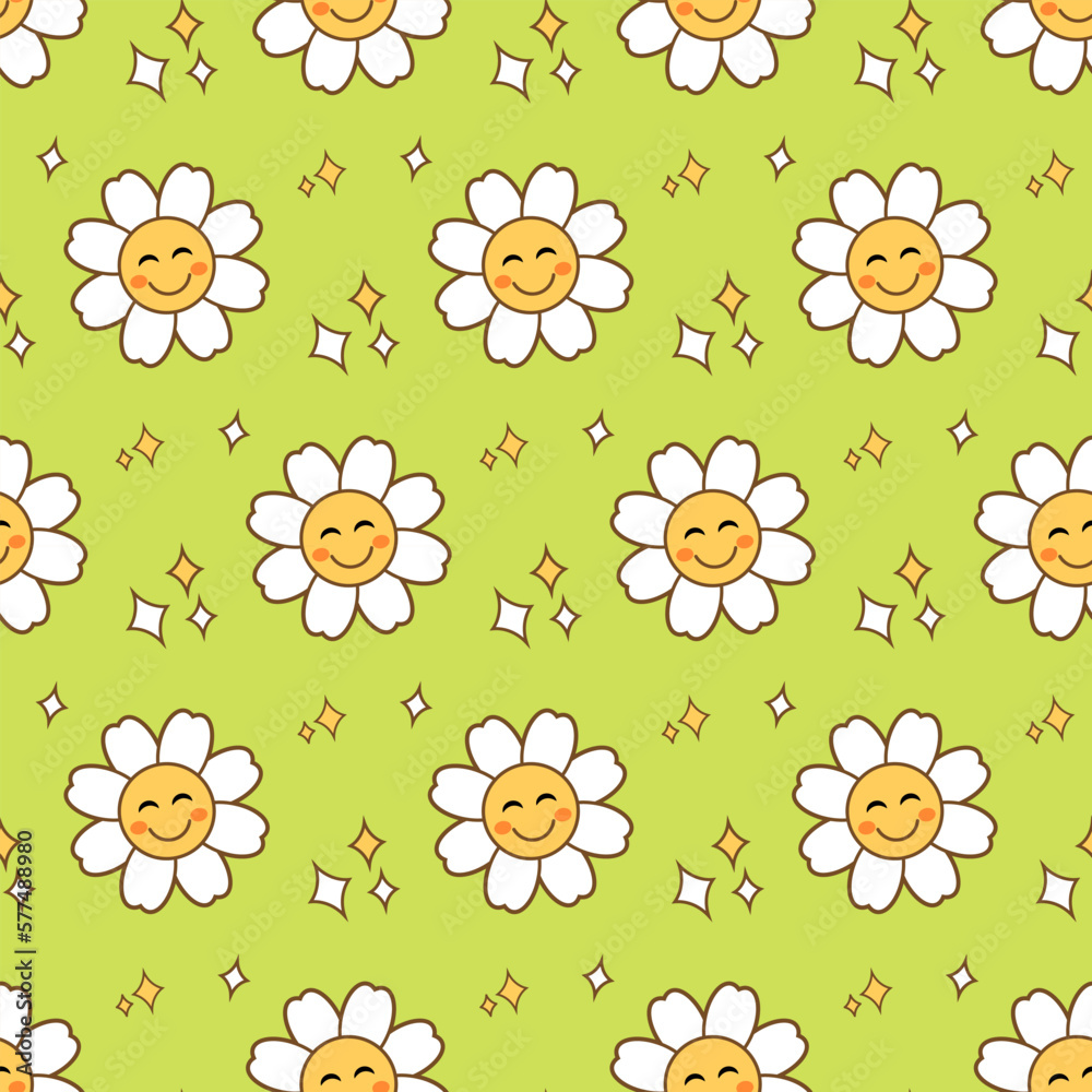 Seamless floral pattern with cute smiling chamomile flowers on light ...