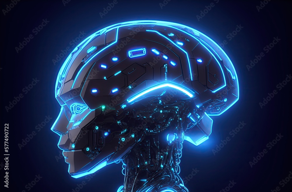 Cybernetic head and brain, artificial intelligence, holographic glowing ...