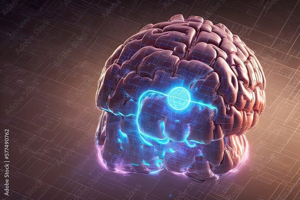 Cybernetic brain artificial intelligence, holographic glowing ...