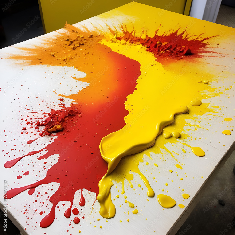 Splash of red and yellow colors on a white table. Holi celebration ...