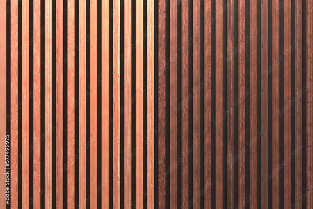 A wall of wooden slats in the color of natural light wood and dark wood ...