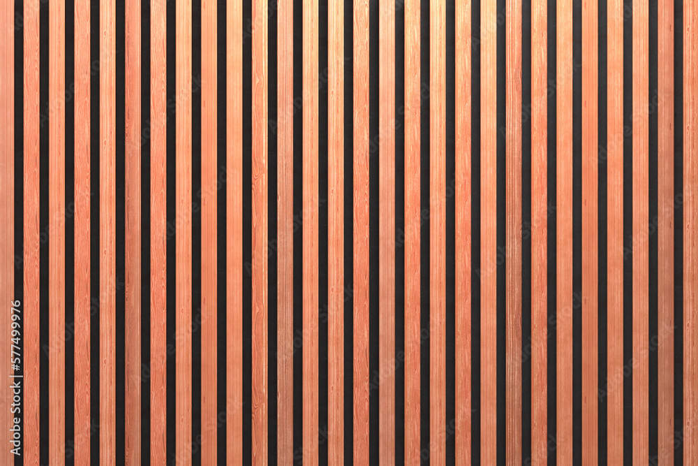 A wall of wooden slats in the color of natural wood with a pattern of ...