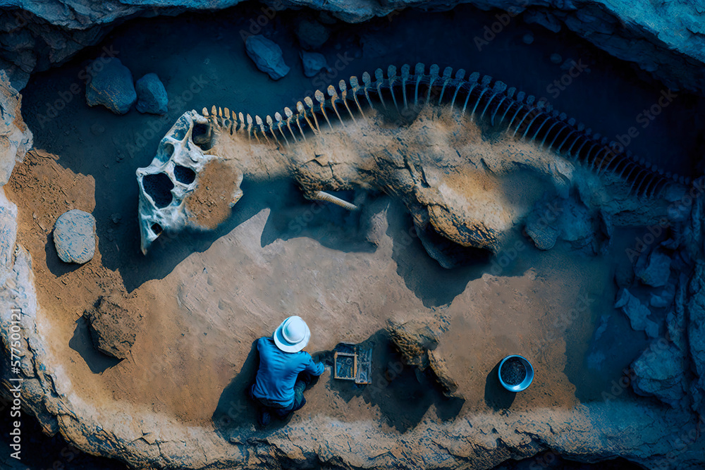 Fossil dinosaurs bones skeletons and archaeologists excavate soil ...